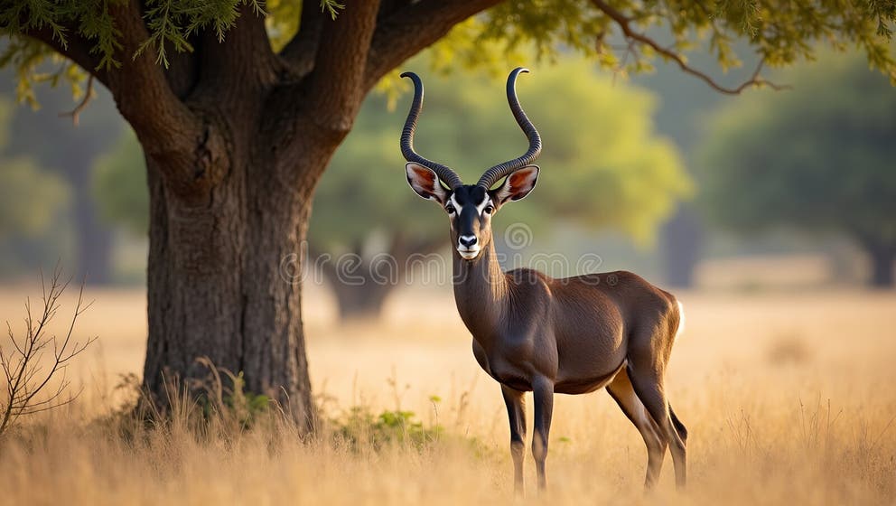 Sable Antelope Under Acacia Tree Strong Horns Stock Illustration ...