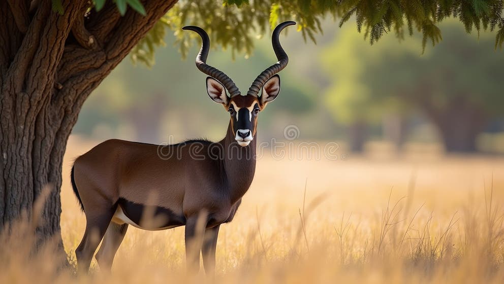 Sable Antelope Under Acacia Tree Strong Horns Stock Illustration ...