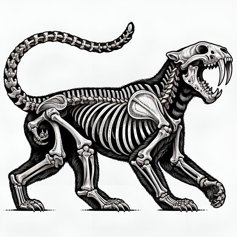 Sabretooth Tiger Skeleton Pen Drawing Clipart. Stock Illustration ...