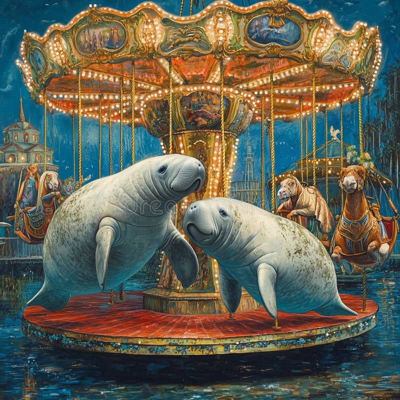 Featuring Manatees Playfully Interacting with a Carousel of Aquatic ...
