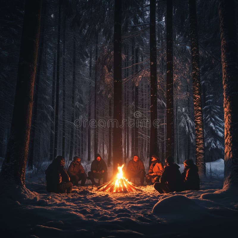 A Group of People Sitting Around a Fire in the Snow Stock Illustration ...
