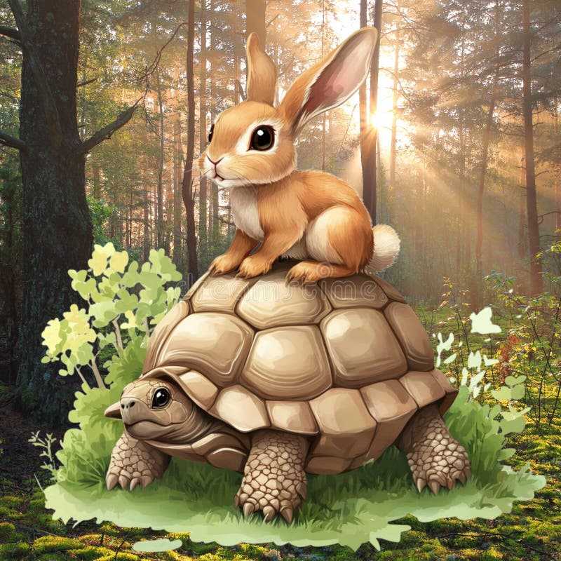 A Hare is Sitting on Top of a Tortoise Inside the Forest Stock ...