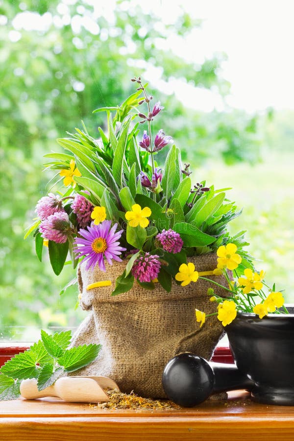 Sack with Bouquet of Healing Herbs and Flowers Stock Photo - Image of ...