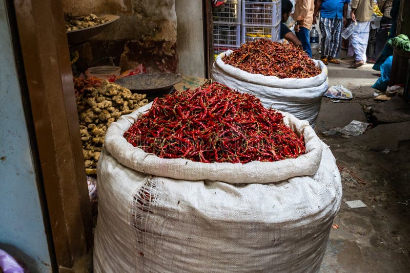 Sack with Dried Red Chilli. Hot Peppers in the Market Stock Image ...