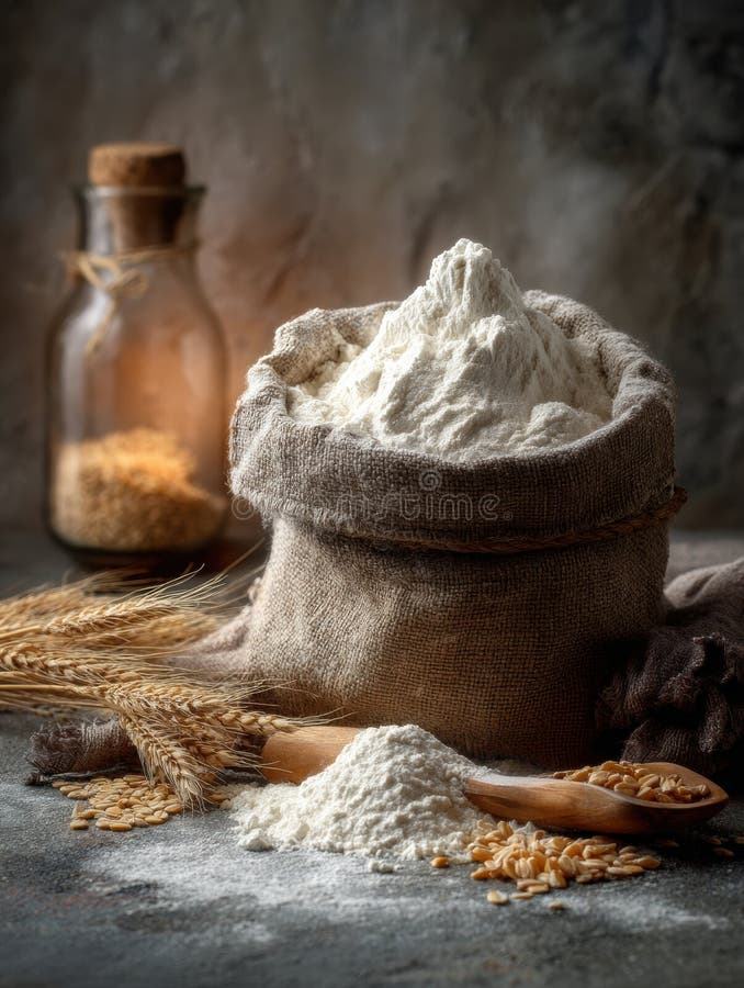 Sack of Flour and Grains on a Stone Table Illuminated by Soft Light in ...