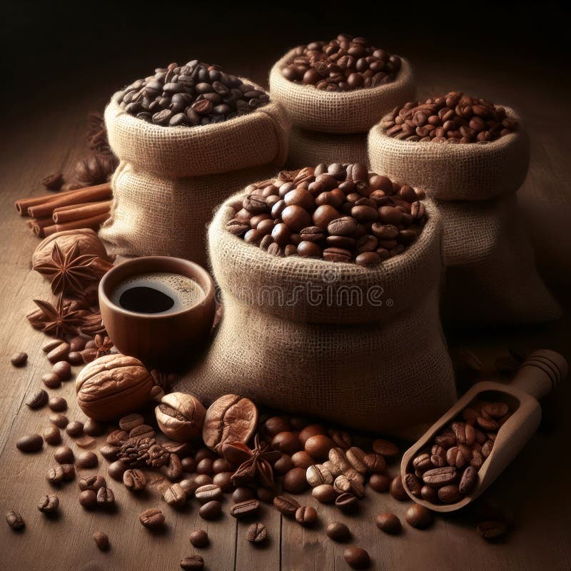 Sack of Fresh Coffee Beans and Aromatic Spices Stock Illustration ...