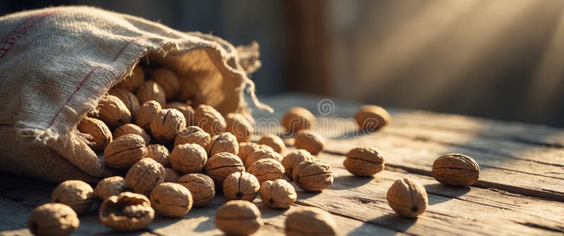 Sack of Fresh Walnuts Spilling on Rustic Table with Warm Sunlight Stock ...