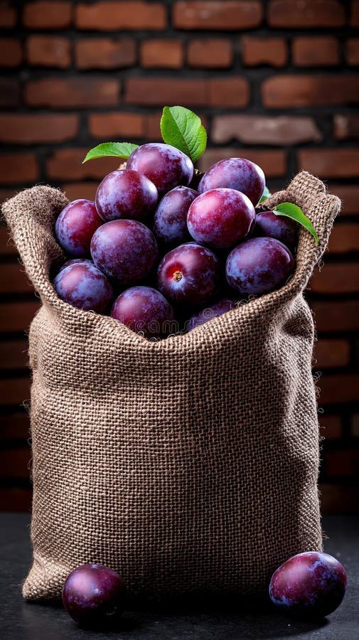 A Sack Full of Plums Sitting on Top of a Table Stock Image - Image of ...
