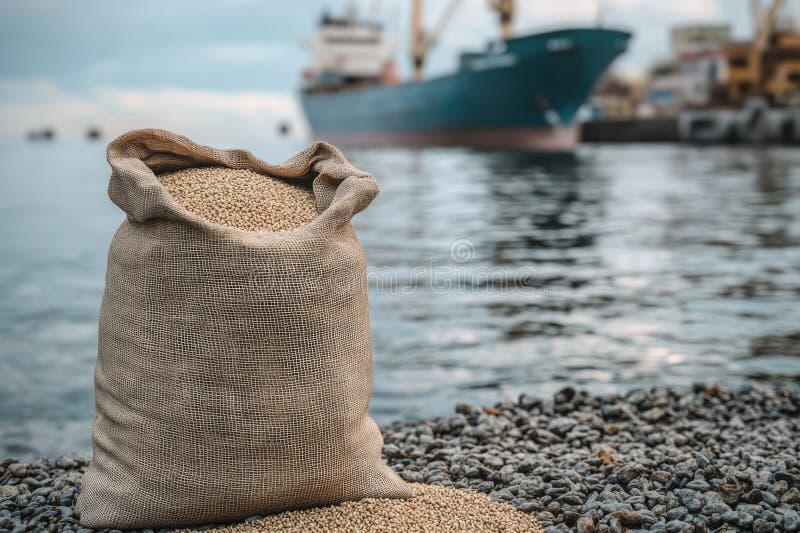 A Sack of Grain Sits on a Beach Next To a Ship, Great for Background or ...