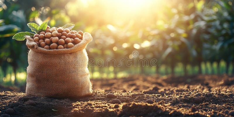 Sack of Macadamia Nuts in Field. Macadamia Plantation at Harvest. Copy ...