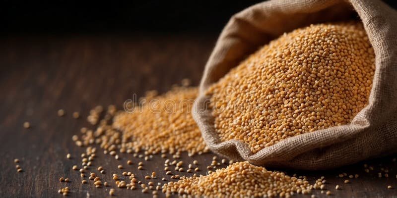Sack of Millet Seeds Spilling upon a Rustic Dark Surface. Stock ...