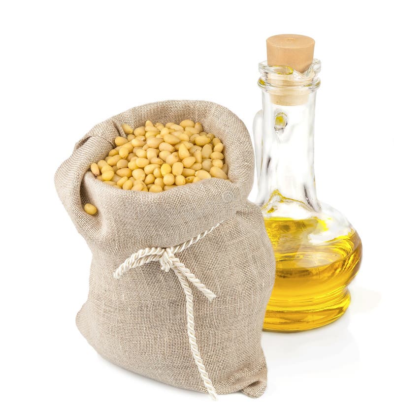 Sack of Pine Nuts and Glass Bottle of Oil Stock Image - Image of ...