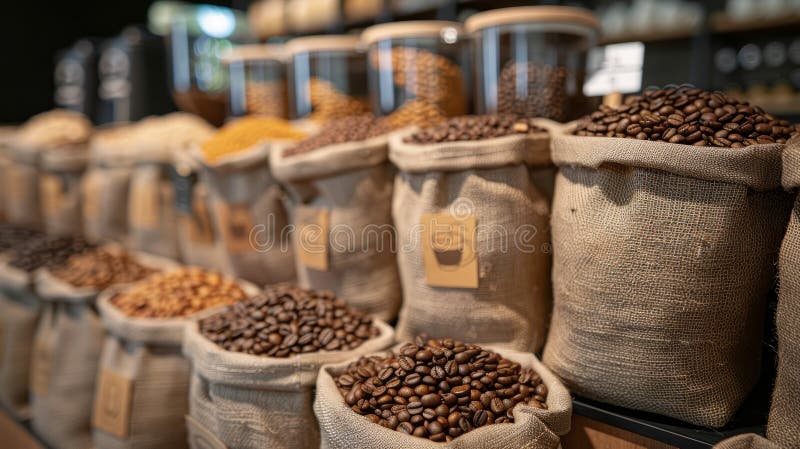 Sacks of Coffee Beans on Display. Stock Image - Image of product ...