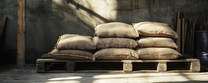 Sacks of Grain Stacked on Wooden Pallet in Warehouse, Rustic Storage ...