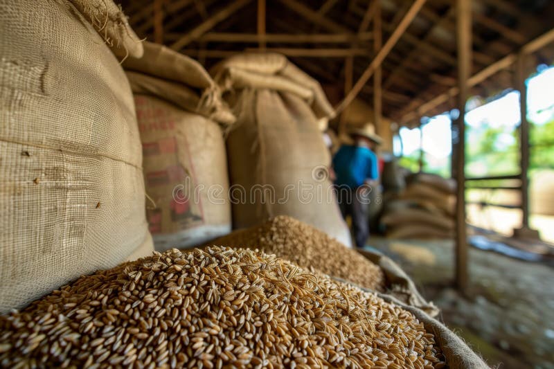 Sacks of Wheat Grains in a Barn with Farmer in Background Stock Photo ...