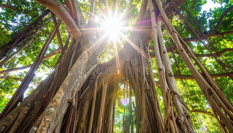 Sacred Banyan Tree with Twisted Roots and Sunlit Canopy Stock ...