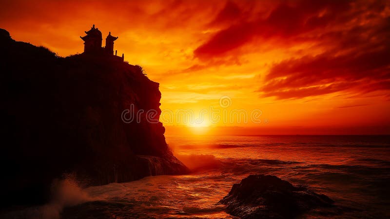 Sacred Cliffside Temple Overlooking the Vast Ocean Stock Illustration ...