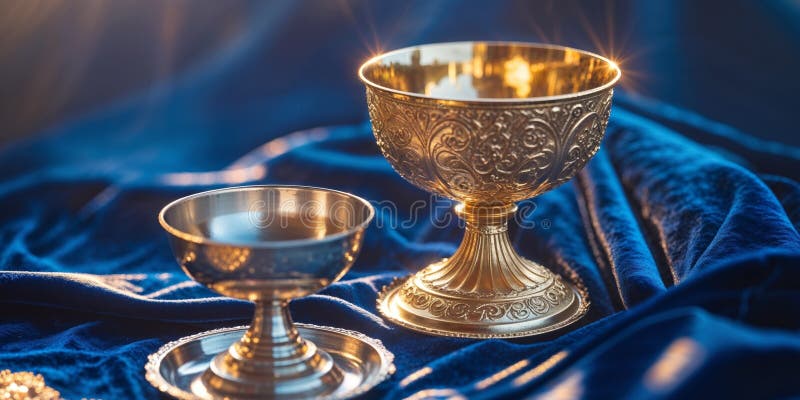Sacred Communion Set upon a Deep Blue Cloth Bathed in Sunshine. Stock ...