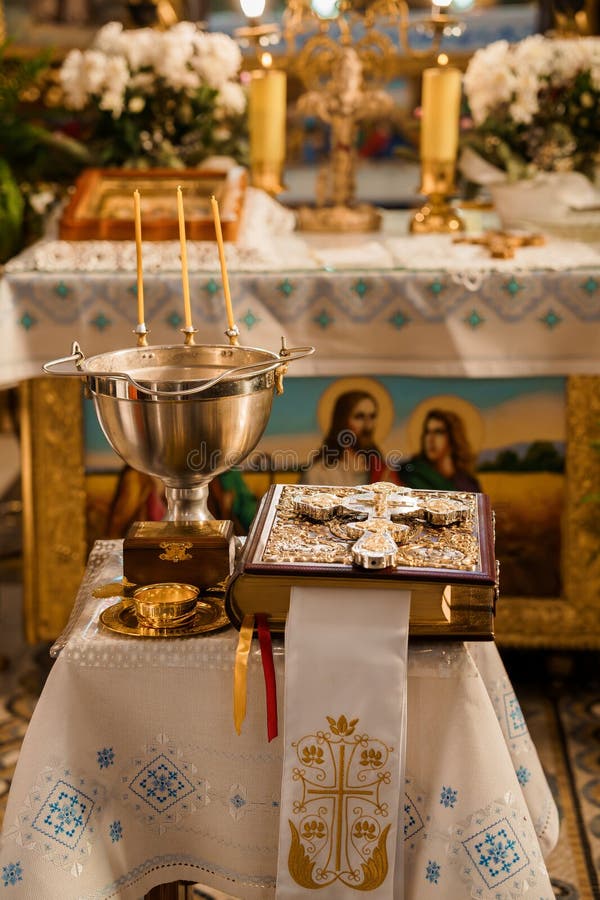 Sacred Ritual Setup with Religious Artifacts in a Church Setting Stock ...