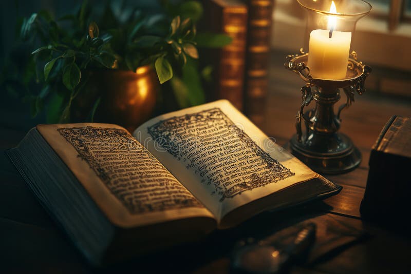 Sacred Texts Showcased in a Warm, Inviting Setting with Candlelight and ...
