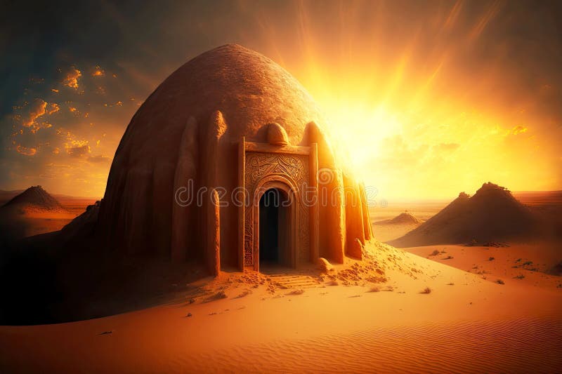Sacred Tomb in Desert in Rays of Setting Sun Stock Illustration ...
