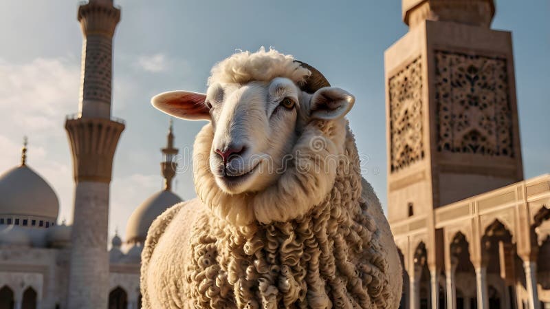 Islamic Eid Al-Adha Celebration Featuring a Mosque and Qurbani Sheep ...