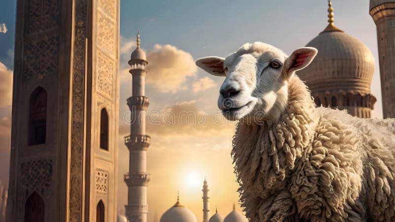 Islamic Eid Al-Adha Celebration Featuring a Mosque and Qurbani Sheep ...