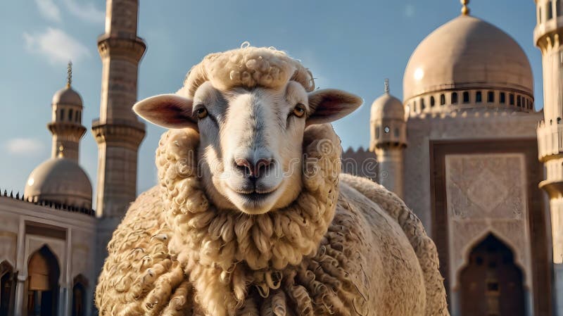 Islamic Eid Al-Adha Celebration Featuring a Mosque and Qurbani Sheep ...