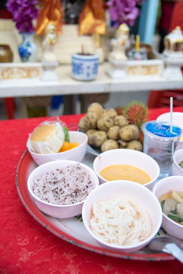 Sacrificial Offering Foods for Thai Joss House Stock Image - Image of ...