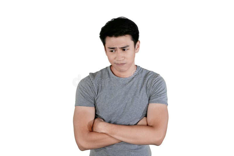 Sad Asian Man Thinks about Something on Studio Stock Image - Image of ...