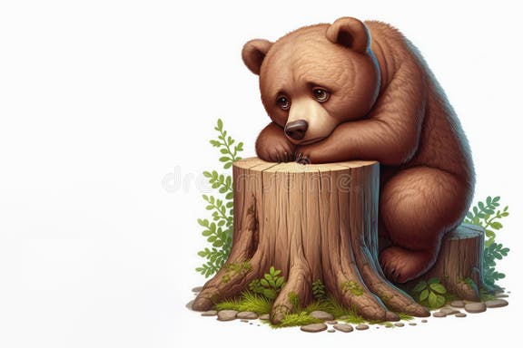 A Sad Bear Cub is Sitting on a Stump. Space for Text. Stock ...