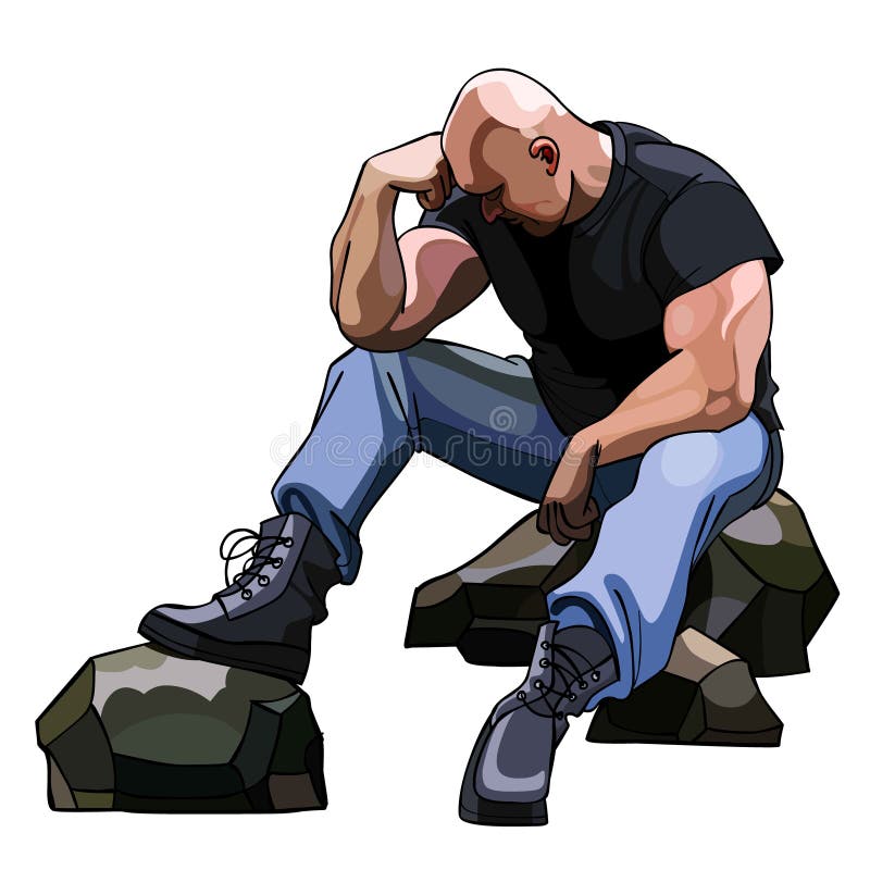 Sad Big Bald Man Sitting on the Rocks Stock Vector - Illustration of ...
