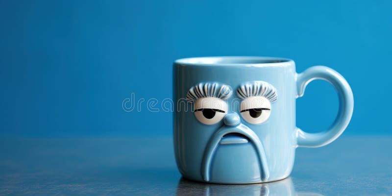 Sad Blue Mug with the Face of a Disapproving Old Man, on a Blue ...