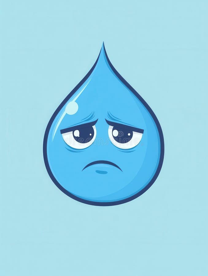 Sad Blue Water Drop with Eyes in Minimalist Style Expressing Emotion on ...