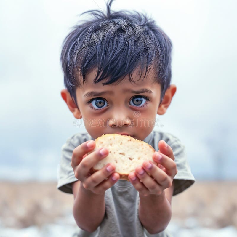 A Sad Boy with Big Expressive Eyes Holds Bread in His Hands. Stock ...