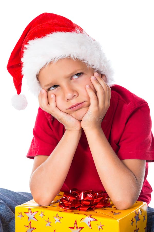 Sad Boy with Gift Box in Christmas Hat Stock Photo - Image of child ...