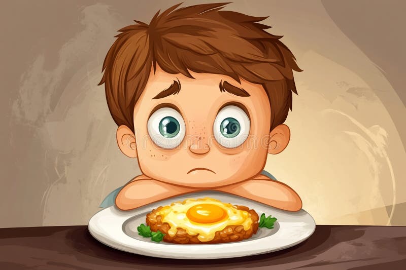 Sad boy looking at food stock illustration. Illustration of child ...