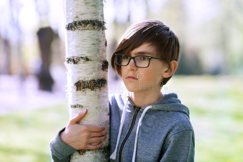 The Sad Boy in Park at Trunk of a Birch Tree Stock Image - Image of ...