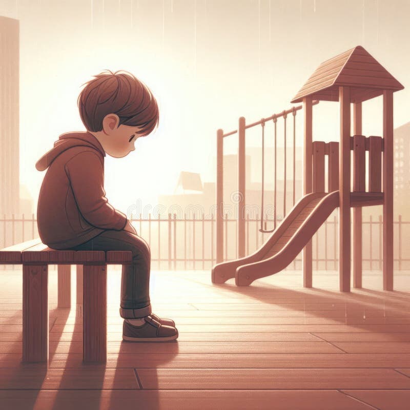 A Sad Boy Sitting on a Bench, on a Children& X27;s Playground. Stock ...