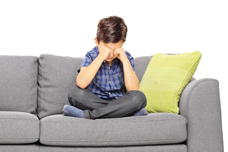 Sad Boy Sitting on a Couch and Crying Stock Image - Image of childhood ...