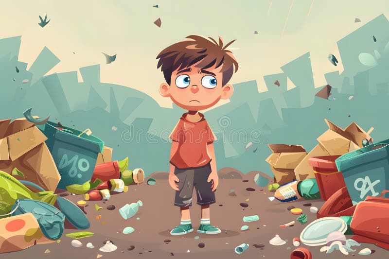Sad Boy Standing Amid Trash Stock Image - Image of abandoned ...