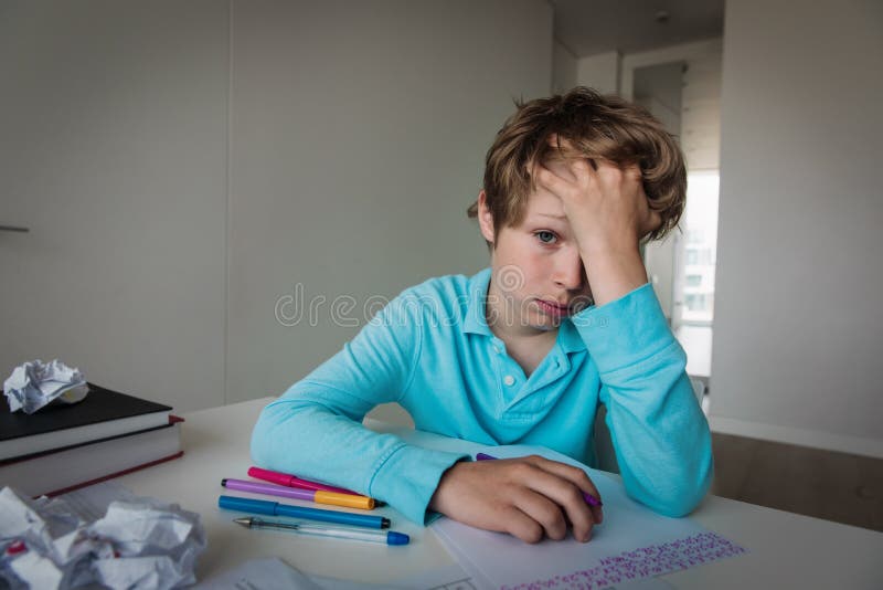 Sad Boy Tired and Stressed of Learning, Doing Homework Stock Photo ...