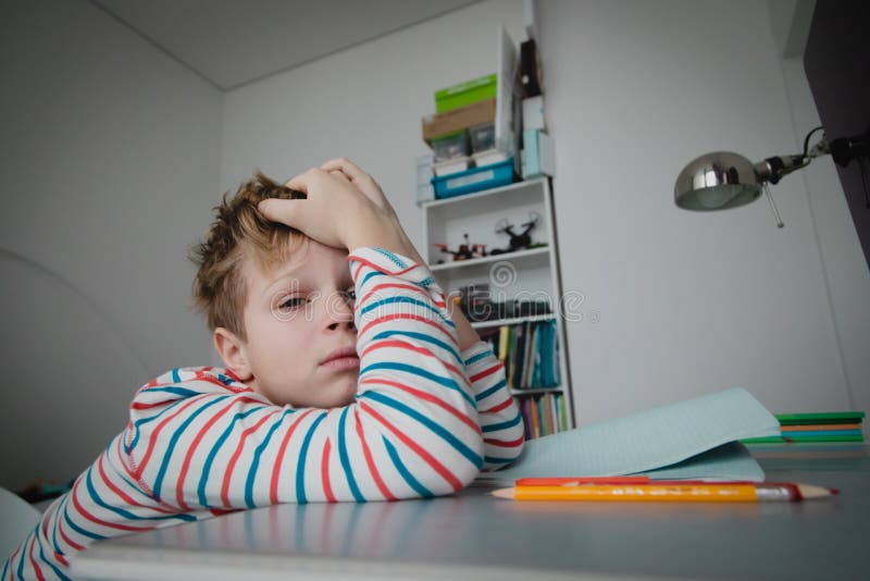 Boy Tired of Reading, Kid Stressed by Doing Homework Stock Image ...
