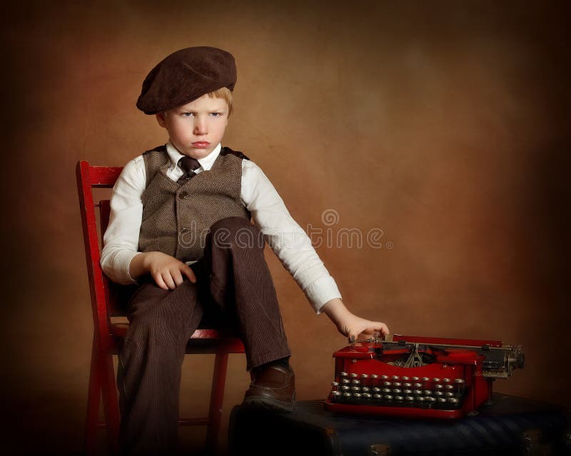 Sad Boy with Typewriter in Chair Stock Image - Image of classic ...
