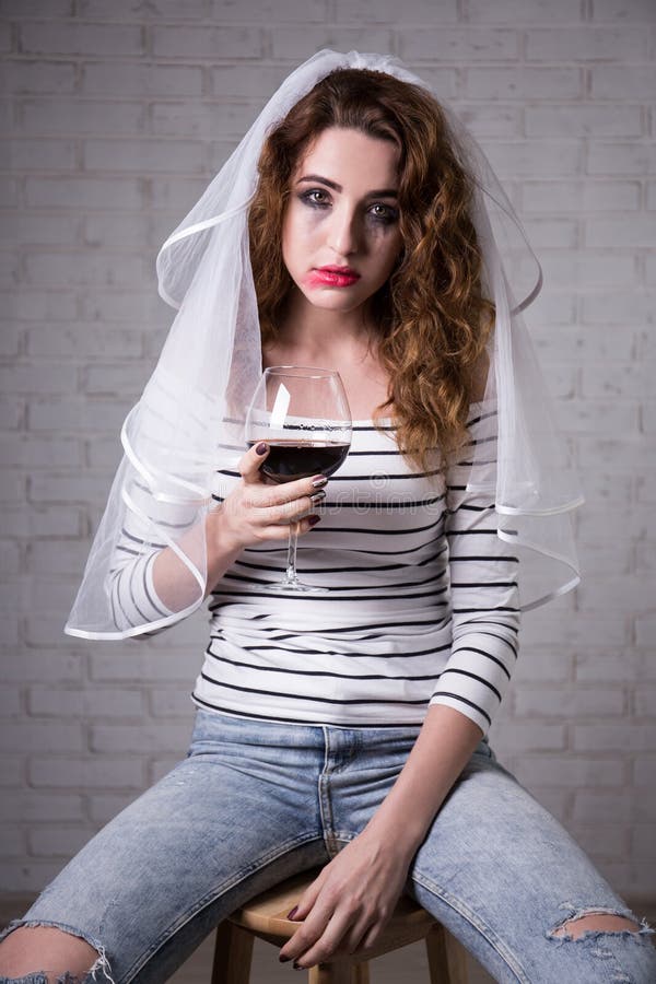 Sad Bride Crying and Drinking Wine Stock Photo - Image of marriage ...
