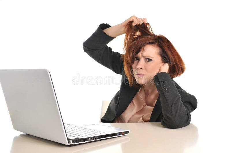 Sad Business Red Haired Woman in Stress at Work with Computer Stock ...