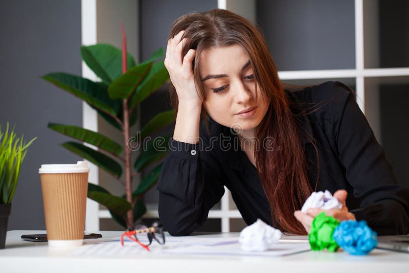 Sad Business Woman in Office Working on Laptop Stock Photo - Image of ...