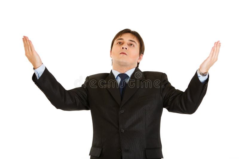 Sad Businessman Looking Up and Raising His Hands Stock Photo - Image of ...