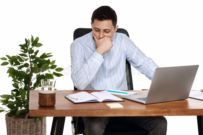 Sad Businessman Using Laptop, Sitting on Chair at Desk Stock Photo ...