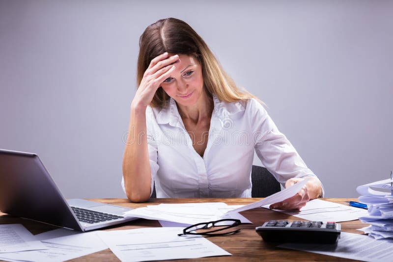 Sad Businesswoman Sitting in Office Stock Image - Image of audit, debt ...